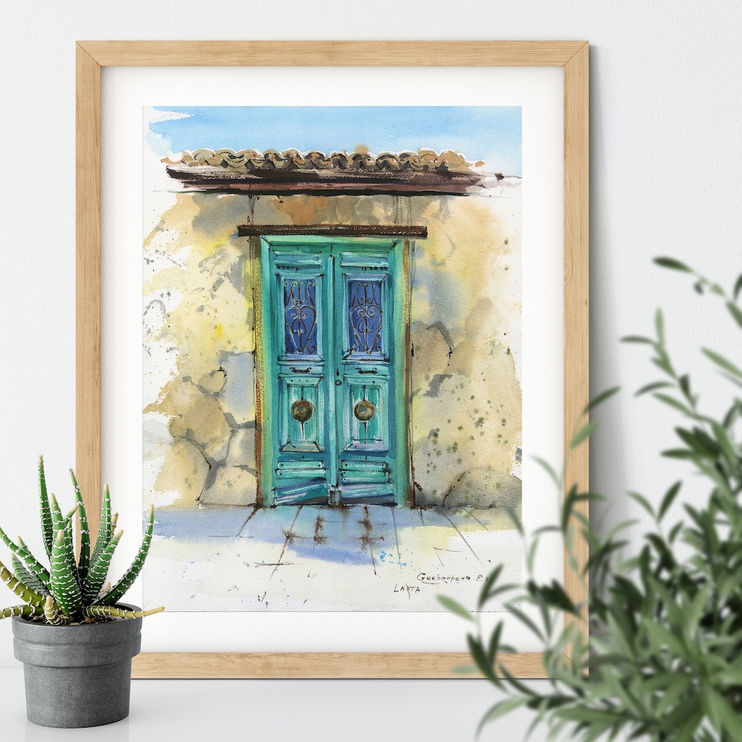 Green Greek Door Watercolor Print - Vintage Architectural Wall Art - Etsy