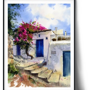 Old House Print, Architecture Wall Art, Vintage Greek Blue Door, Greece ...