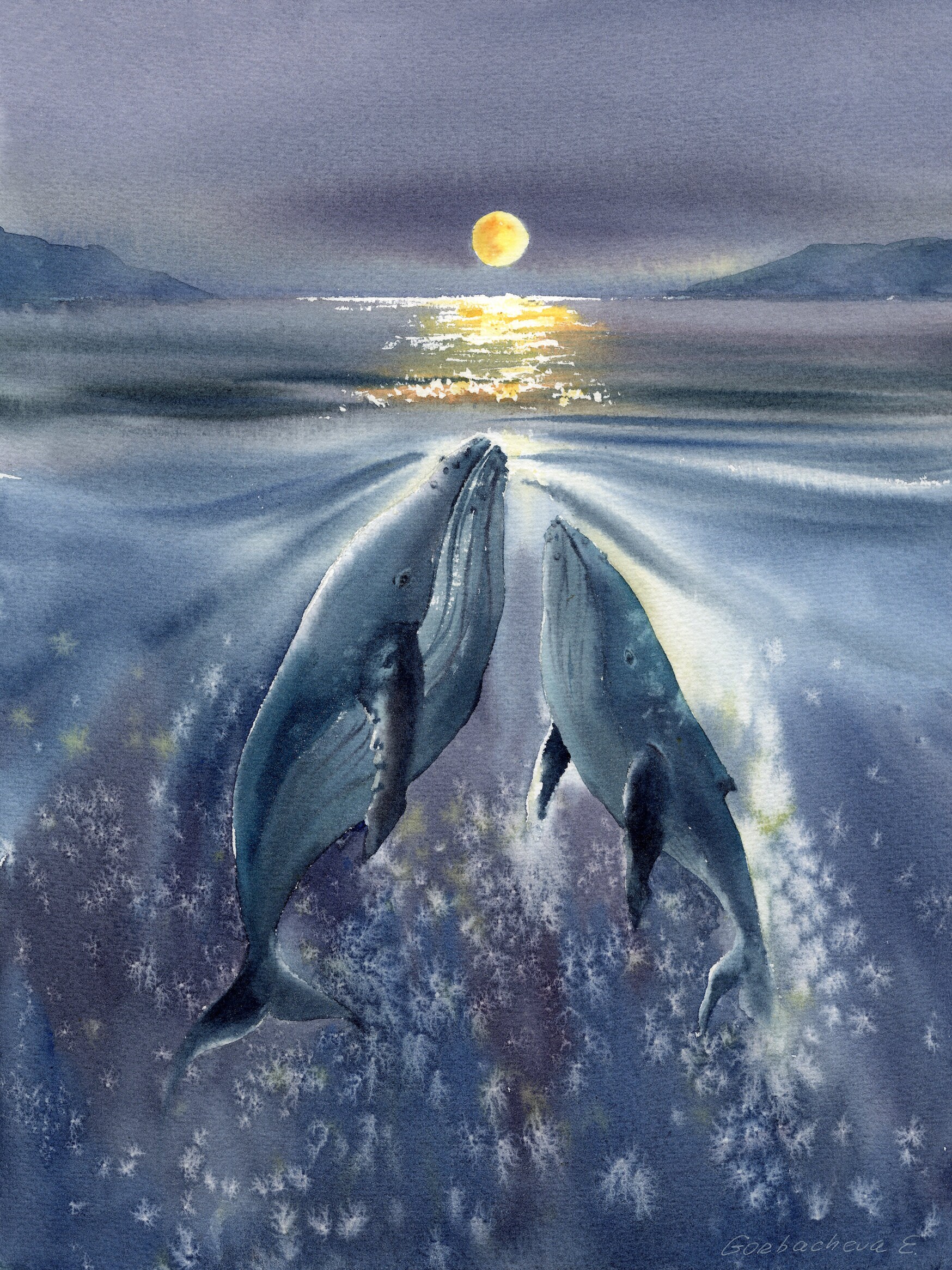 Humpback Whale Print With Moon - Watercolor Painting, Whale Family Art ...