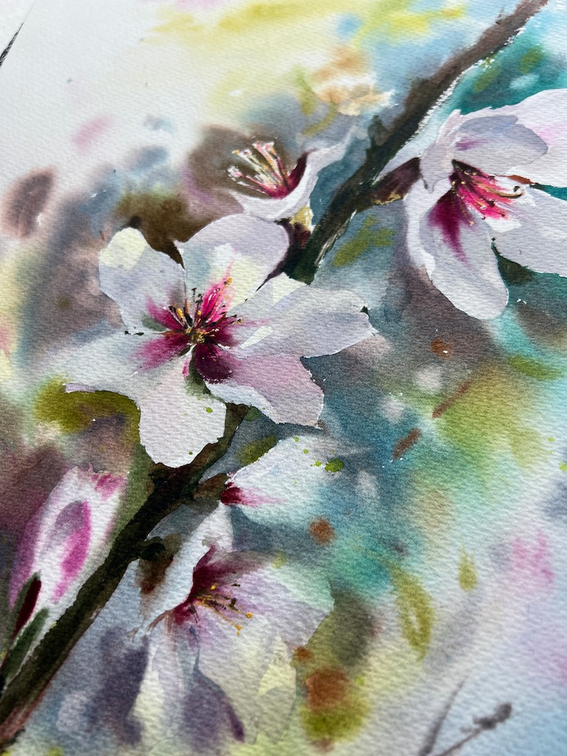 Blooming Flower Painting Original Watercolor Artwork Almond - Etsy