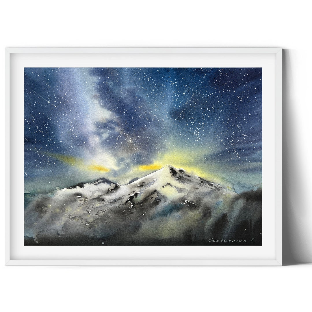 Milky Way Painting Original, Watercolor Starry Night, Mountain Art ...