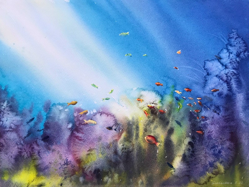 Watercolor Underwater Painting Original Undersea Artwork - Etsy