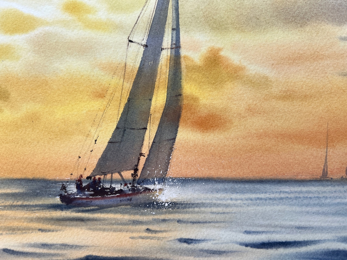 Yacht Watercolor Painting Original Sailboat Artwork Sunset - Etsy