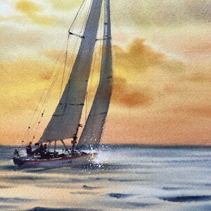 Yacht Watercolor Painting Original, Sailboat Artwork, Sunset Seascape ...