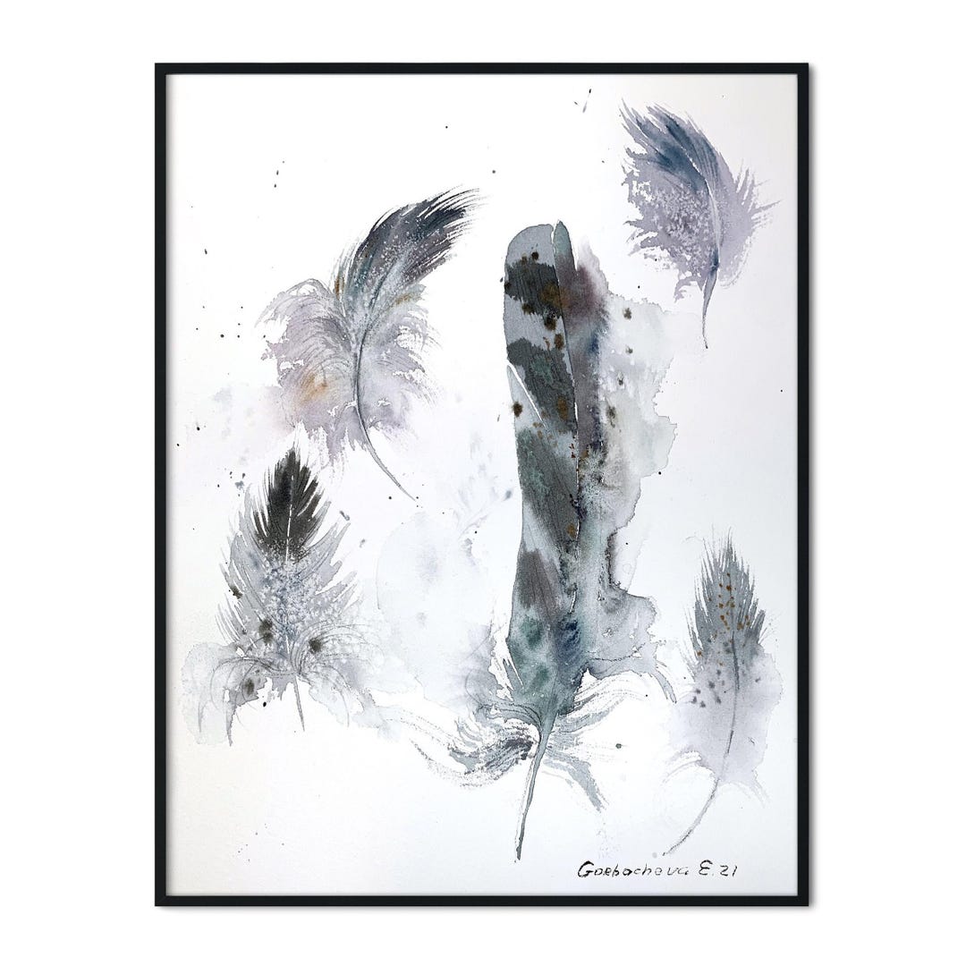 Whimsical Owl Feather Watercolor Art | Handcrafted Gray Feathers ...
