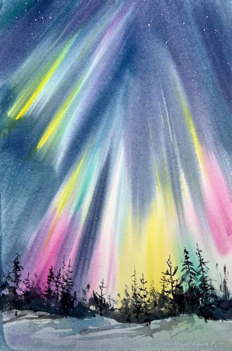Northern Lights Watercolor Art - Original Aurora Borealis Night Sky ...