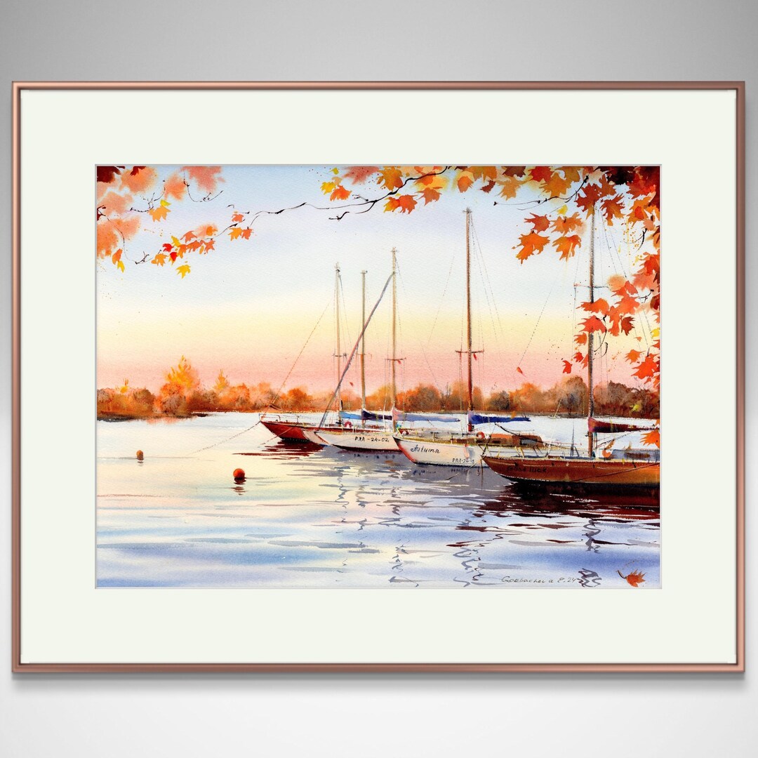 Fall Marina Yachts Scene Original Watercolor Painting, 15x20 - Etsy