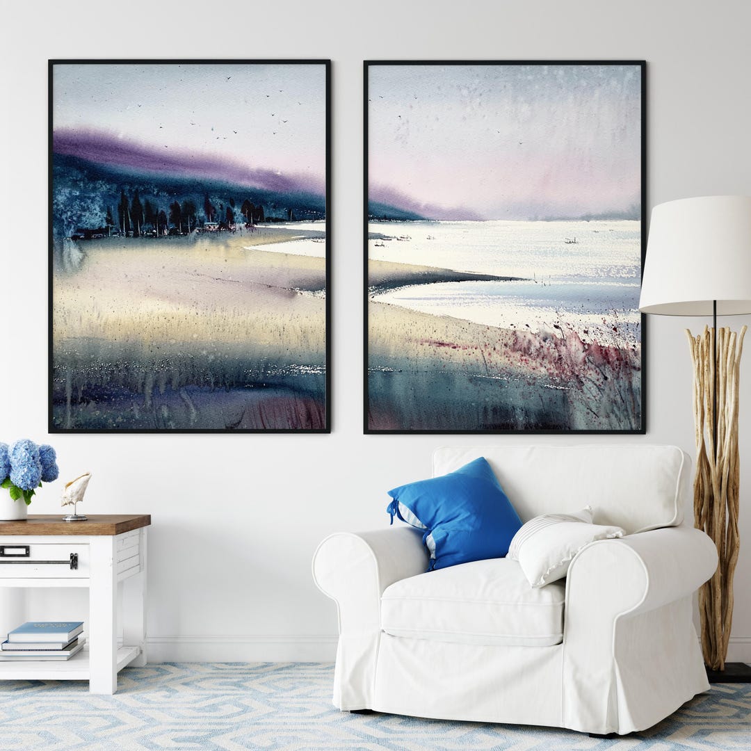 Contemporary Diptych Wall Art | Abstract Coastal Landscape in Warm ...
