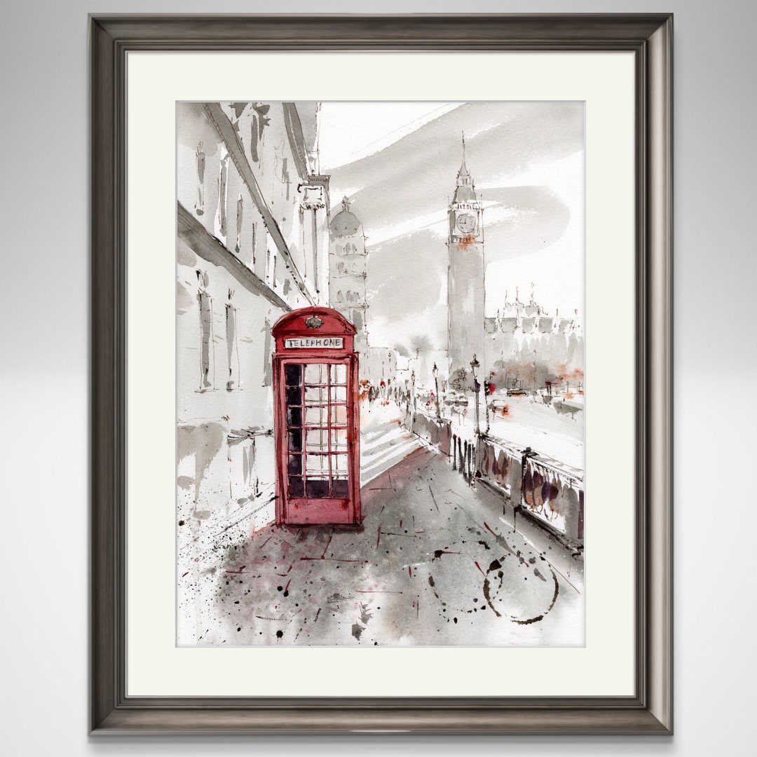 Classic London Scene Print With Big Ben and Iconic Red Phone Booth - Etsy