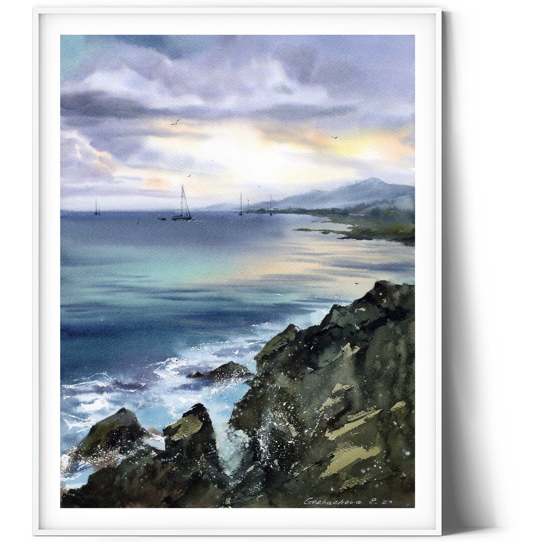 Seaview Painting, Watercolour Original Art, Sea Wave Artwork, Seascape ...