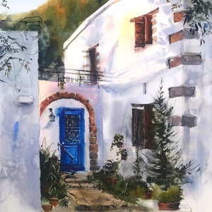 Greek Village Watercolor Painting: Coastal Cityscape With Blue Door - Etsy
