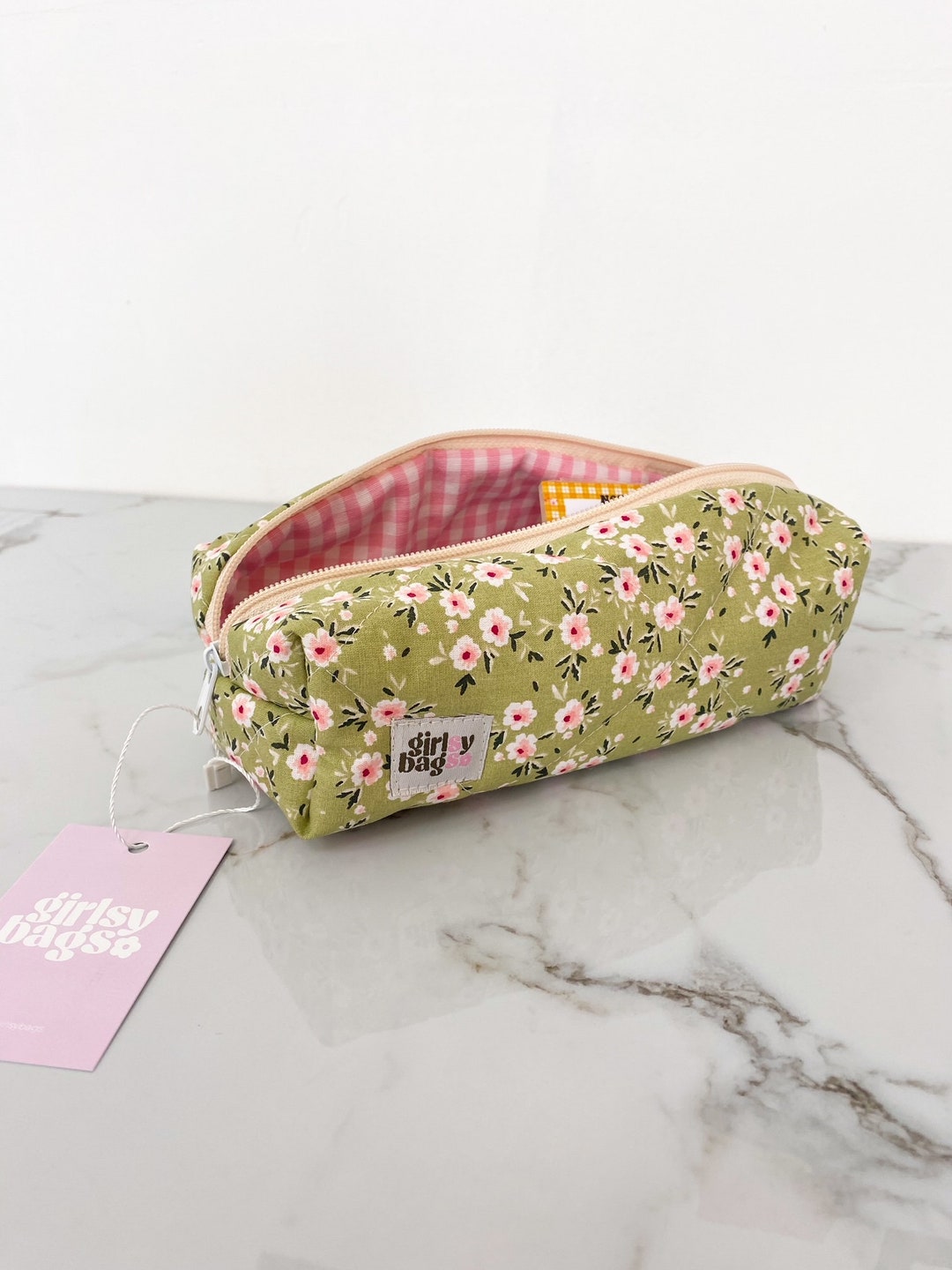 Green Floral Pencil Case Quilted Pencil Case Small Pencil Case Green ...