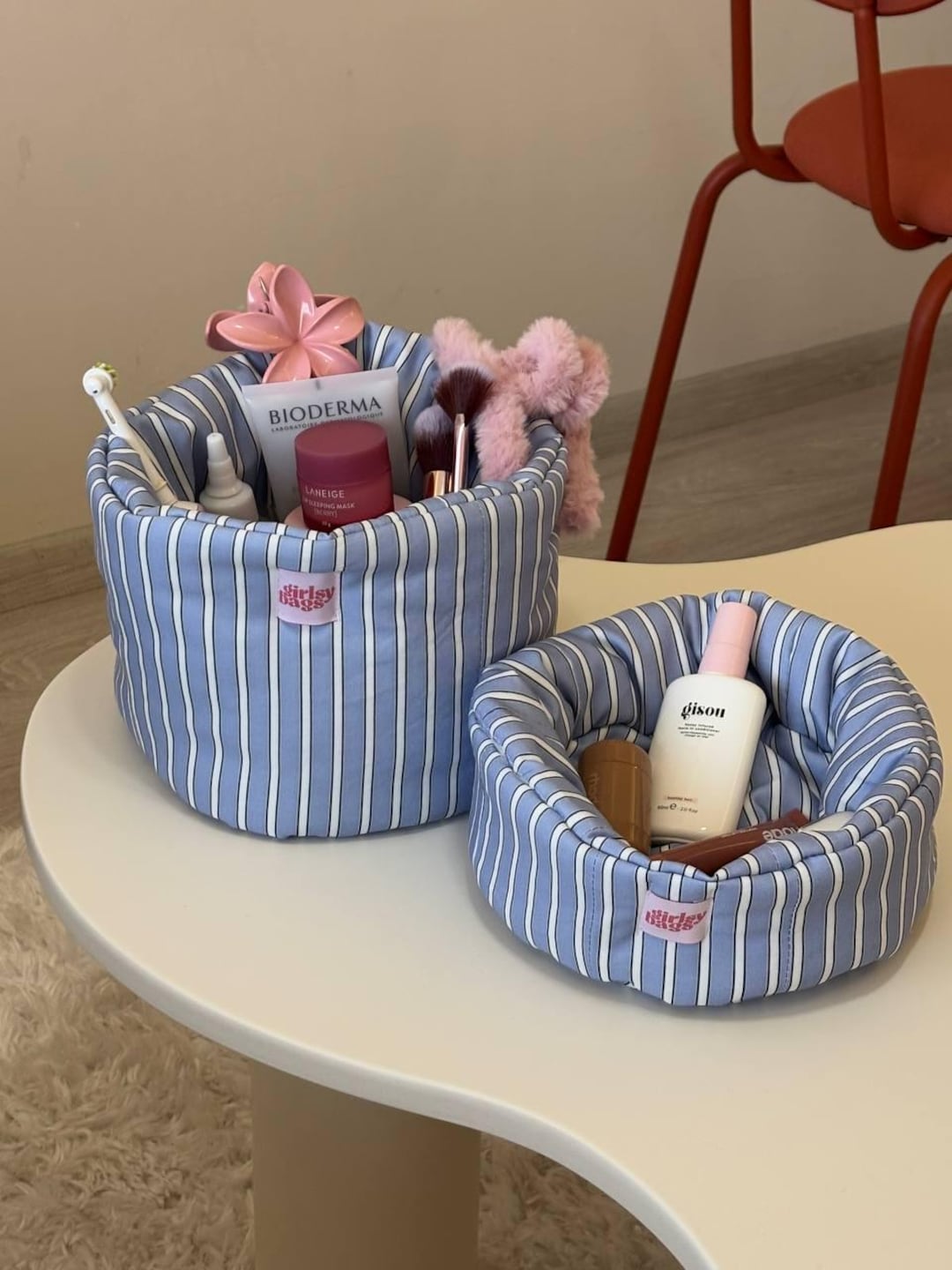 Blue Striped Makeup Organizer: Stylish Cosmetic Storage Baskets - Etsy