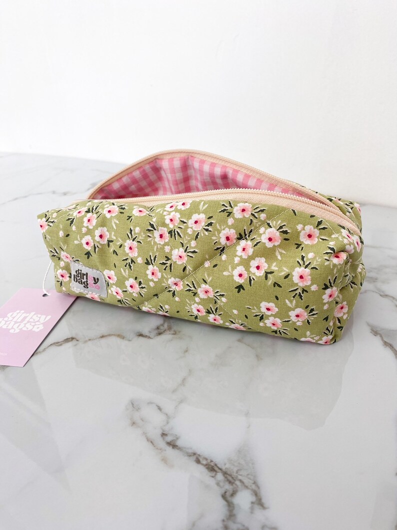 Green Floral Pencil Case Quilted Pencil Case Small Pencil Case Green ...