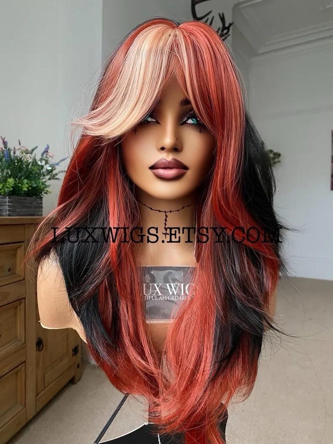 Charlie. Black, Blonde and Red Faux Skin Top Fwig. Straight Layered Wig ...
