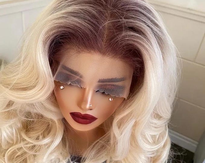 Ashley. Light Blonde Wig With Light Brown Roots 13x4 Wig. Wavy Blonde ...