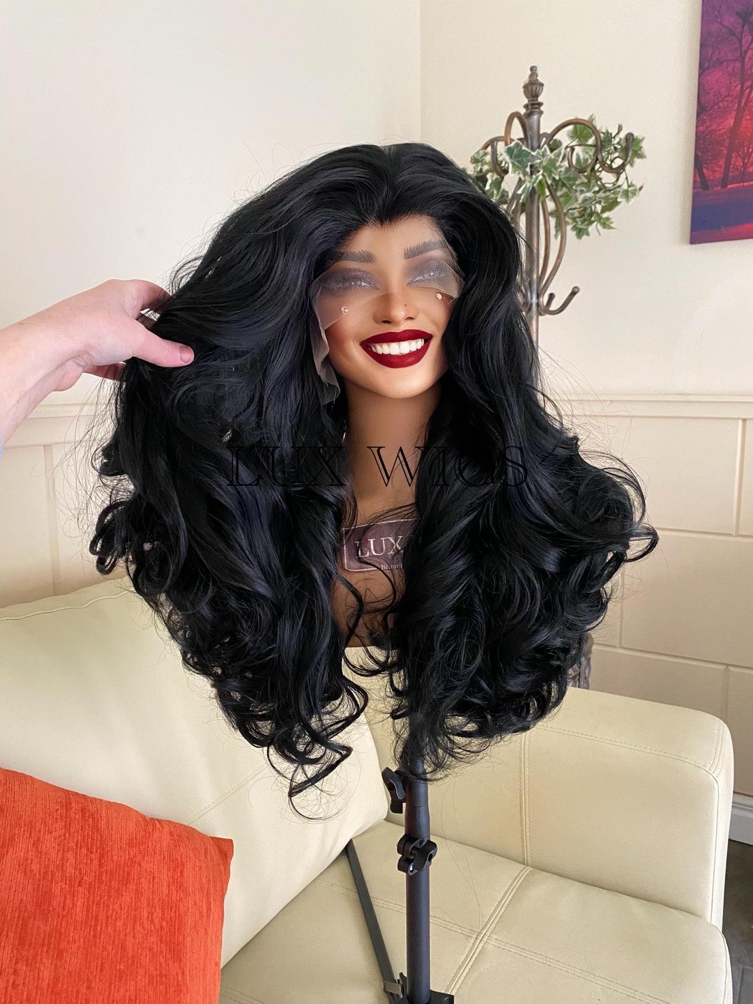 Winnie. Curly Black Lace Front Wig. Long Curly Black Wig. 27 Black Long ...