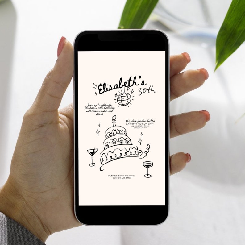 Editable Birthday Invite Party Invitation Hand Drawn Line Art 30th 18th ...