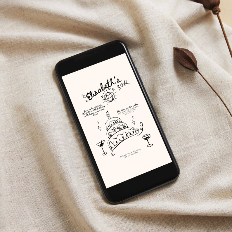 Editable Birthday Invite Party Invitation Hand Drawn Line Art 30th 18th ...