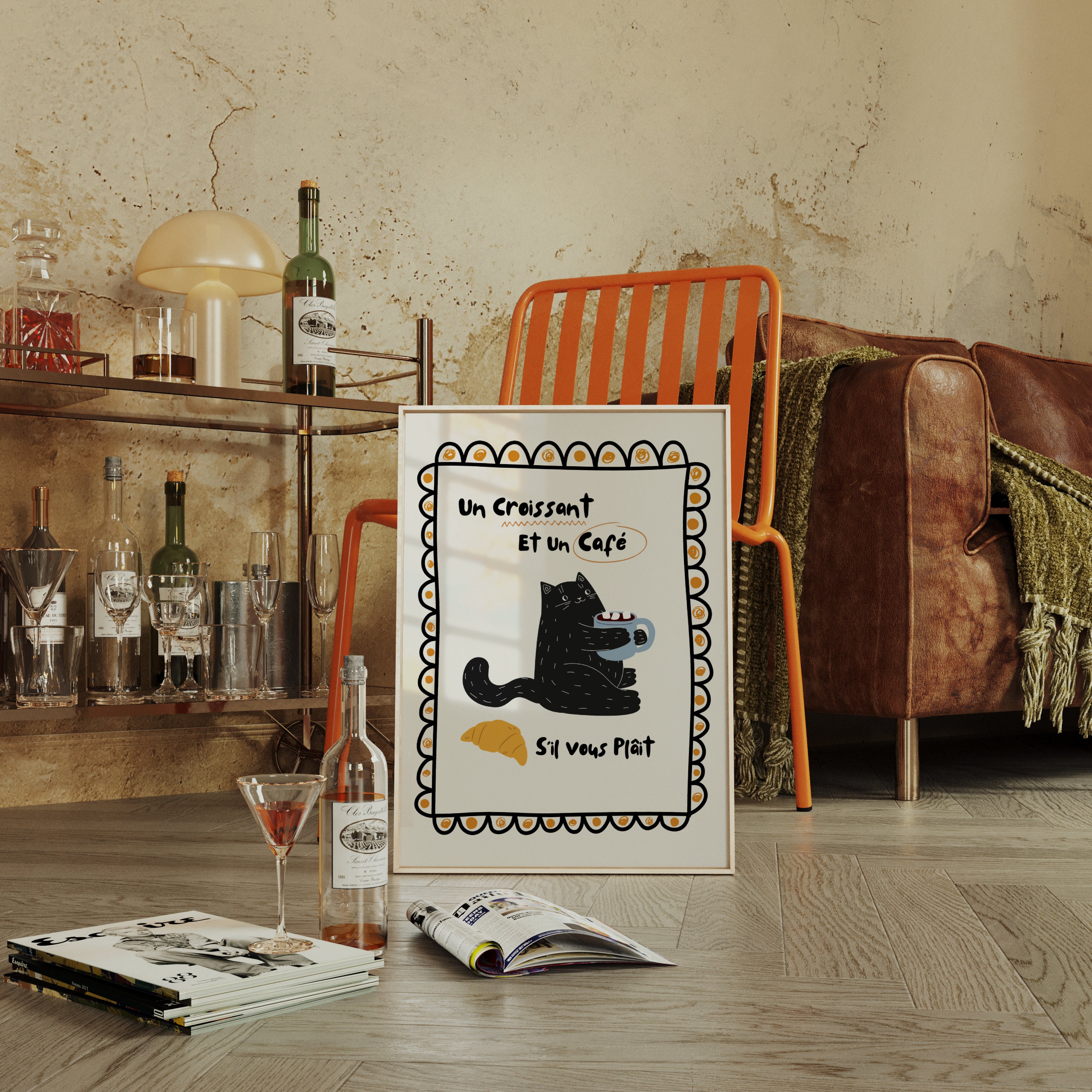 Cat Lover Un Croissant Et Un Cafe S'il Vous Plait Print, Breakfast ...