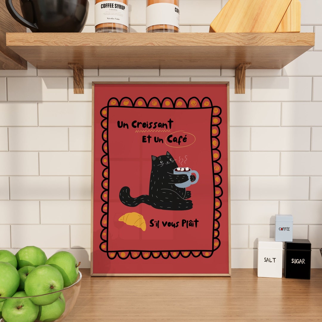 Black Cat Lover Un Croissant Et Un Cafe S'il Vous Plait Print, Red ...