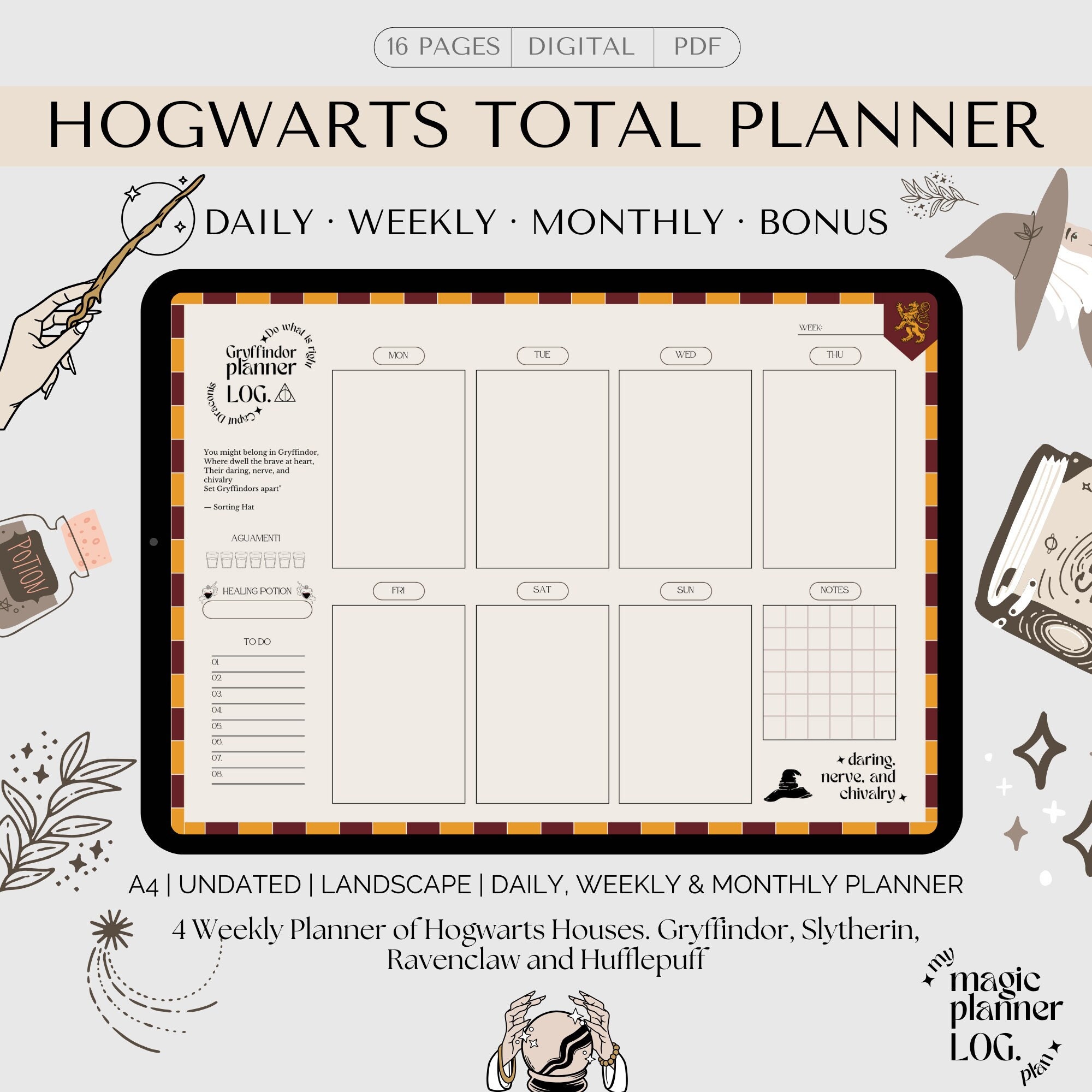 HOGWARTS HOUSES PLANNER Wizard School, Potter Planner, Hogwarts Planner ...