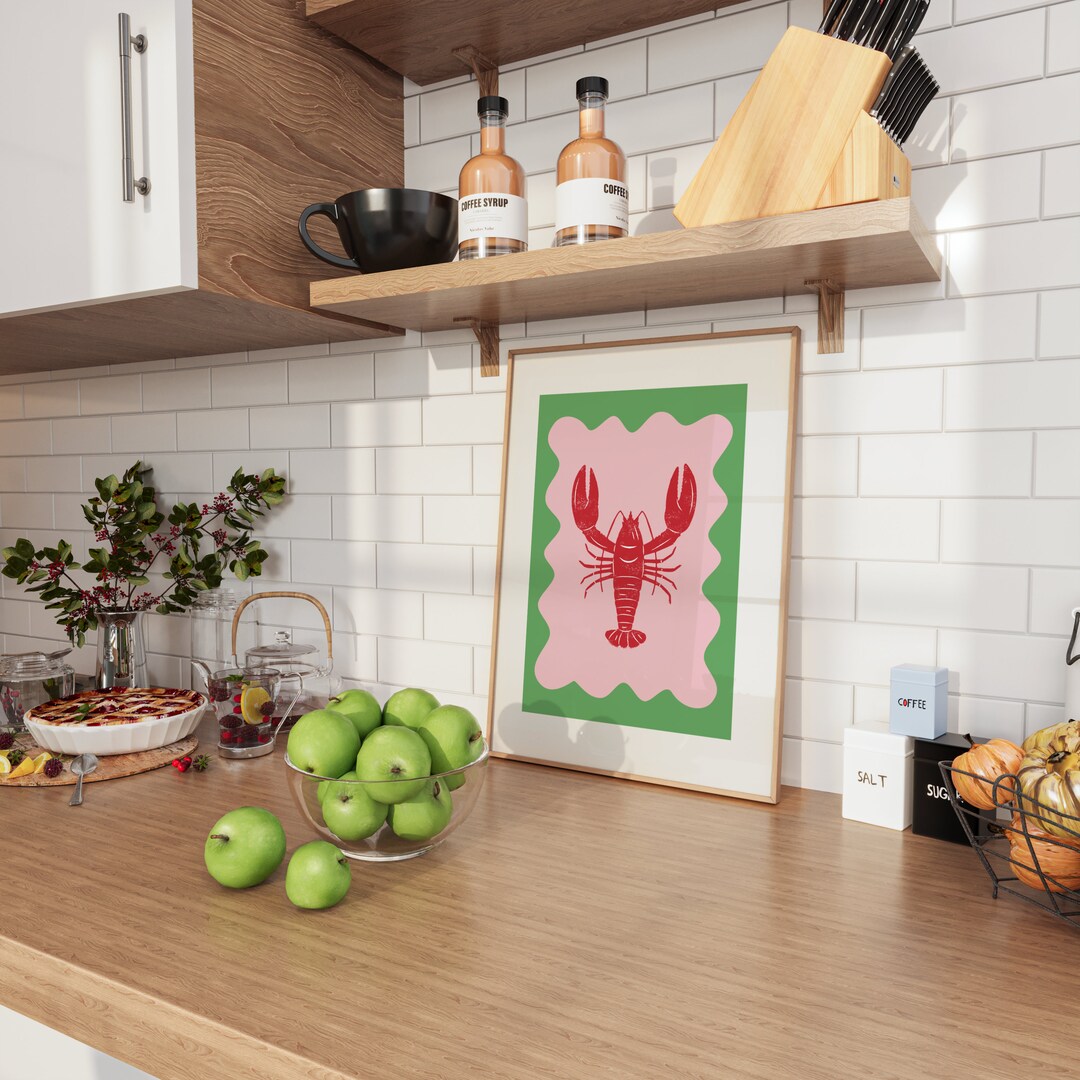 Lobster Wavy Frame Green Print Eclectic Crawfish Seafood Poster Kitchen ...