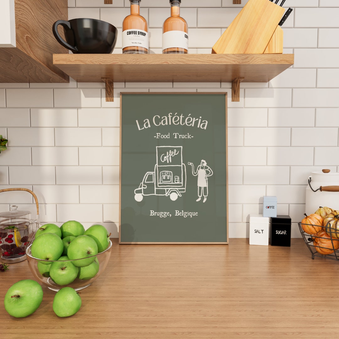 La Cafeteria Print, Food Truck Cartoon Green Classy Illustration French ...