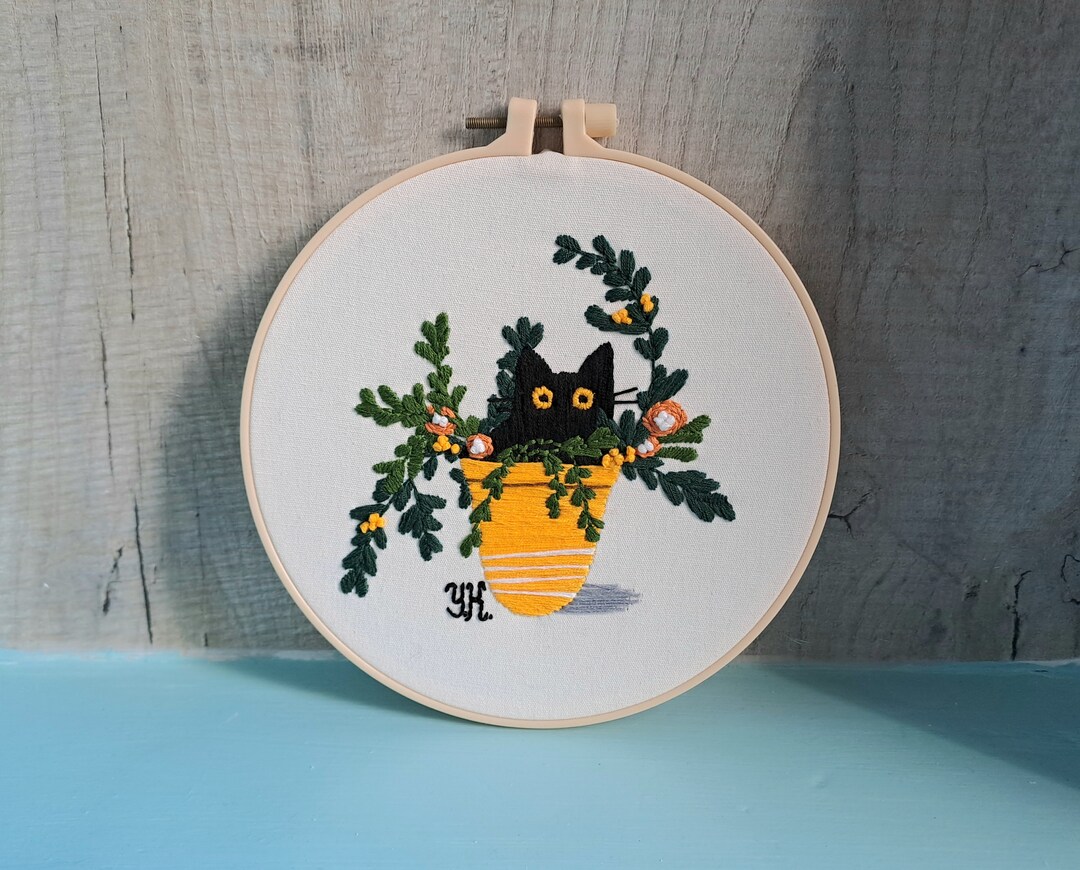 Hand Embroidered Cat With Flowers Art Wall Hanging Picture in - Etsy