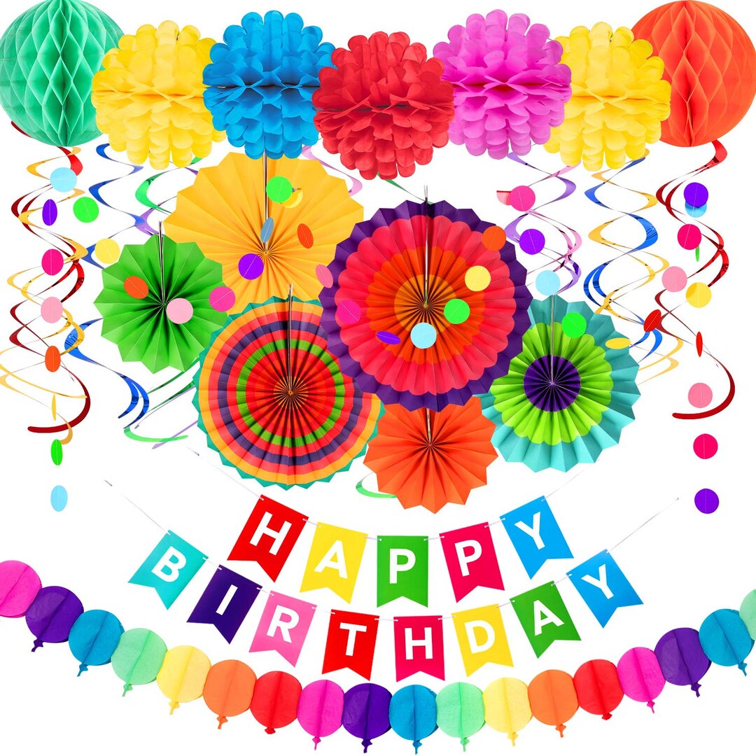 28pcs Colourful Birthday Decorations Fiesta Paper Fans, Swirls, Banner ...