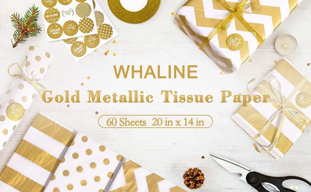 Gold Tissue Paper 60 Sheet Metallic Wrapping Paper With 18pcs Stickers ...