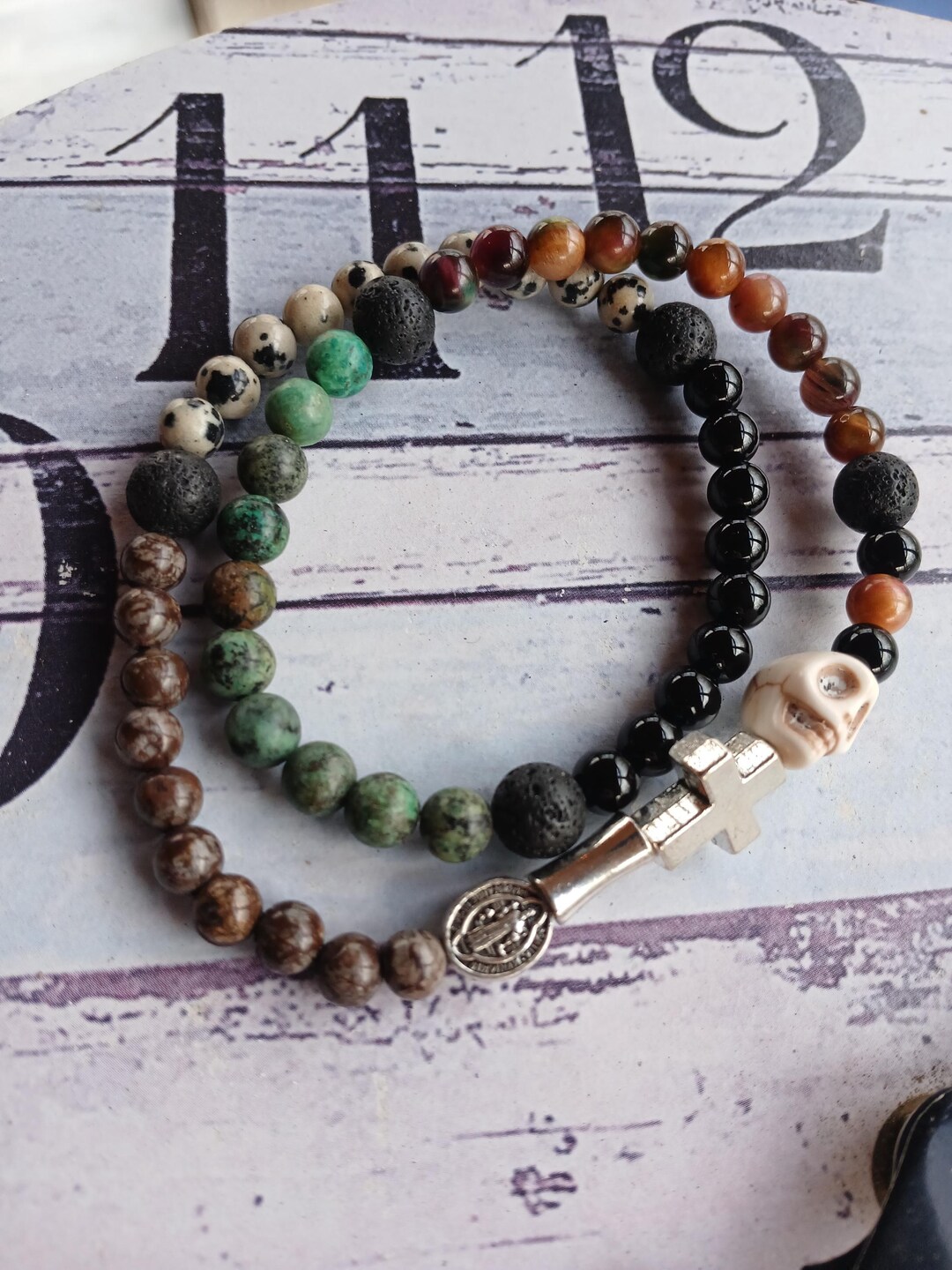 Memento Mori Gemstone Rosary Bracelet Adjustable Stretchy Rosary ...