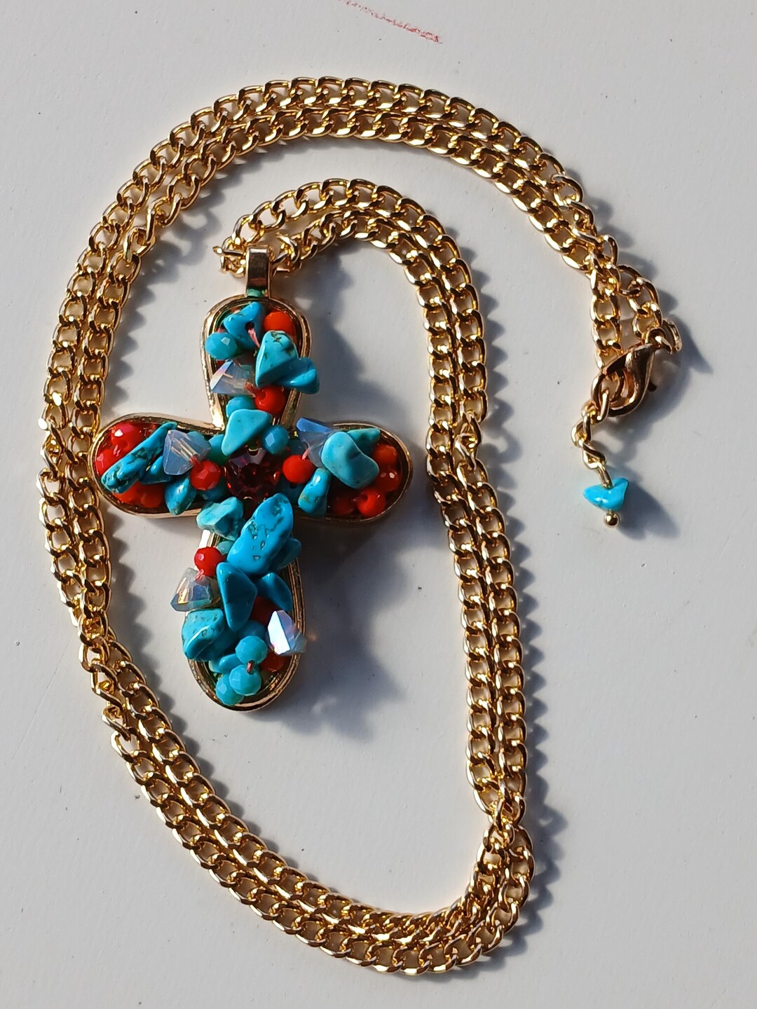 Gemstone Clustered Cross Turquoise White Crystal Red Pendant Gift for ...