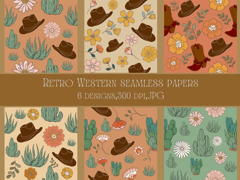 Retro Western Seamless Pattern Cowboy Digital Paper Set Print - Etsy