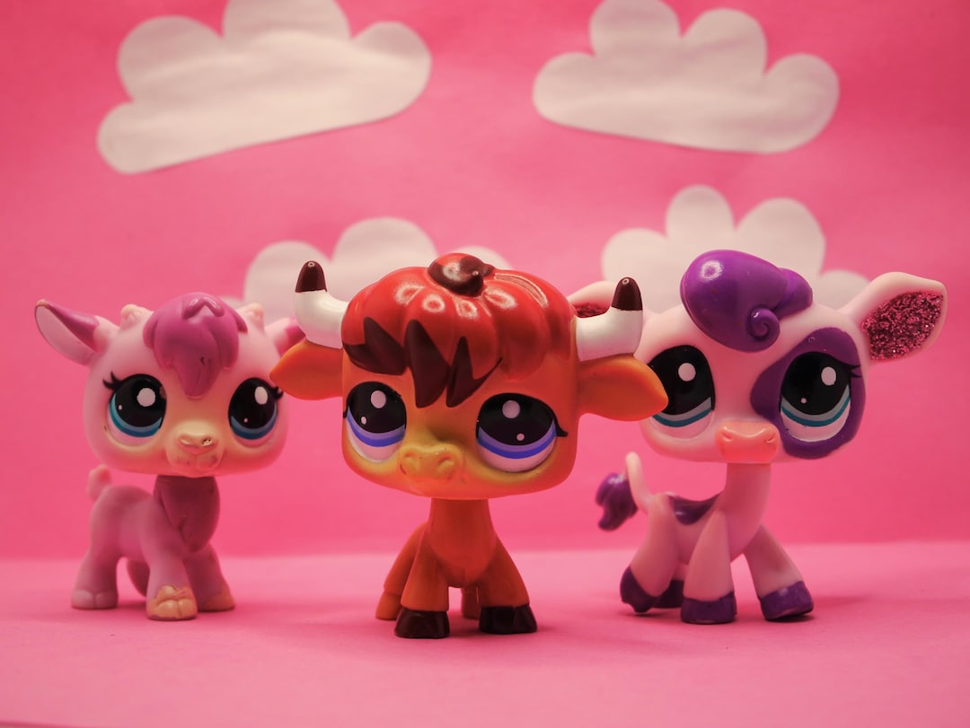 Littlest Pet Shop Purple Cow Glitter #2236 Pink Goat #2533 Bull #2522 ...