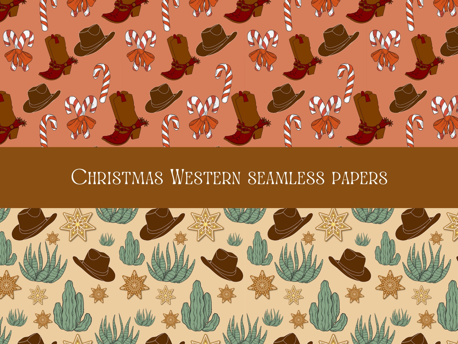 Christmas Western Seamless Pattern Cowboy Digital Paper Set Print Wall ...