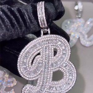 Iced Out Big Baguettes CZ Cursive Font Initial Letter Pendant Necklace ...