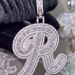 Iced Out Big Baguettes CZ Cursive Font Initial Letter Pendant Necklace ...