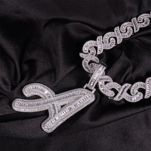 Iced Out Big Baguettes CZ Cursive Font Initial Letter Pendant Necklace ...