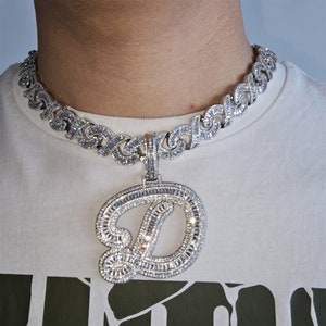 Iced Out Big Baguettes CZ Cursive Font Initial Letter Pendant Necklace ...