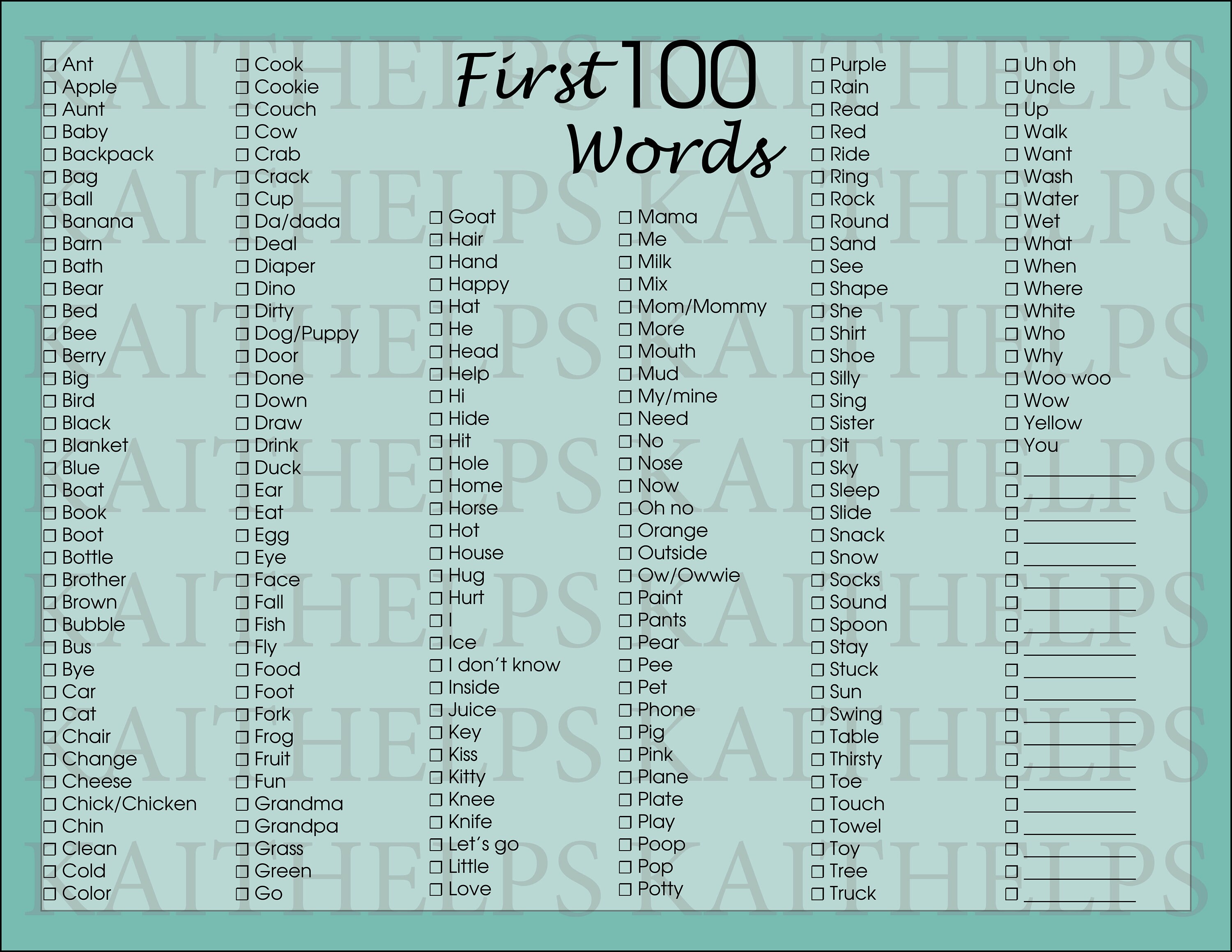 100 First Words List - Etsy