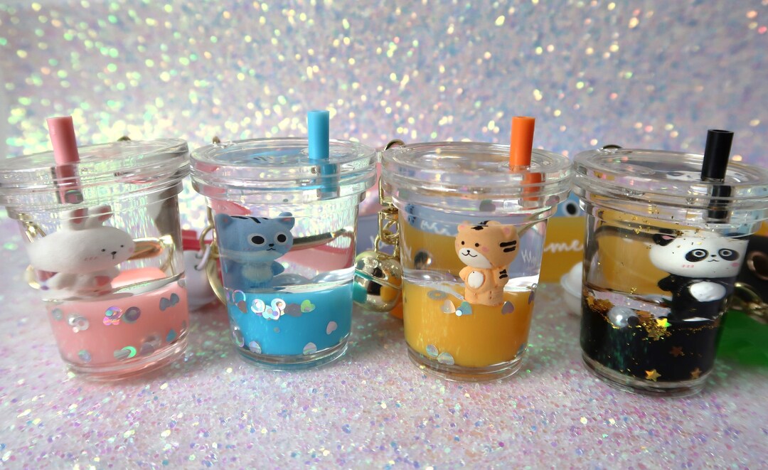 Kawaii Cute Animal Bunny Kitty Tiger Panda Liquid Keychain, Quicksand ...