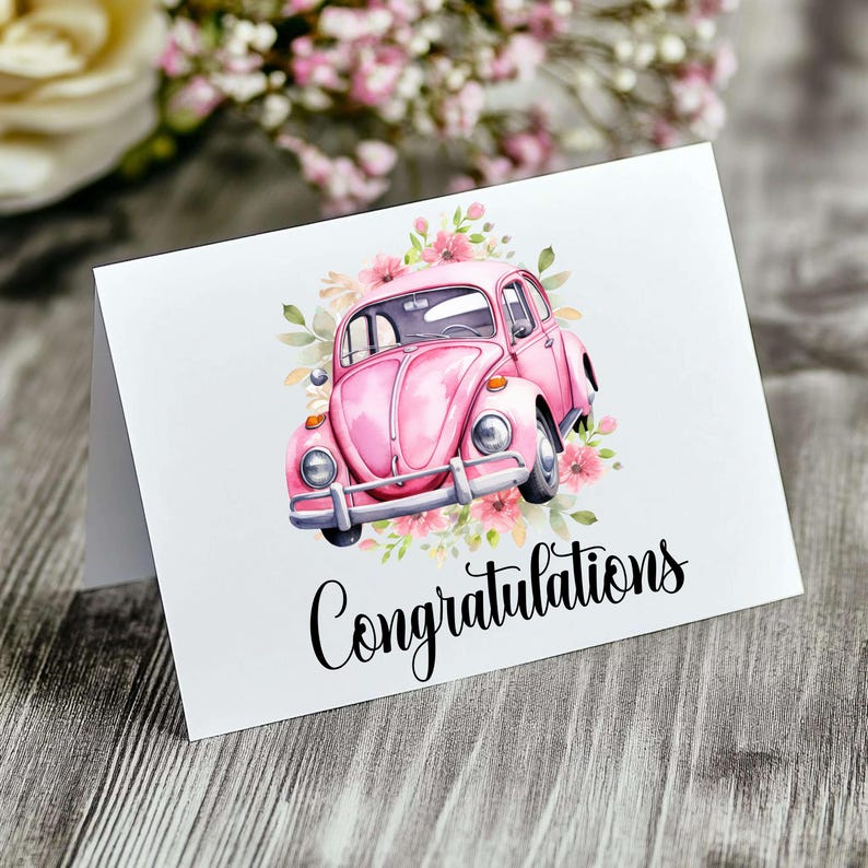 Pink Vintage Car Congratulations Card - Floral Greeting Card for ...
