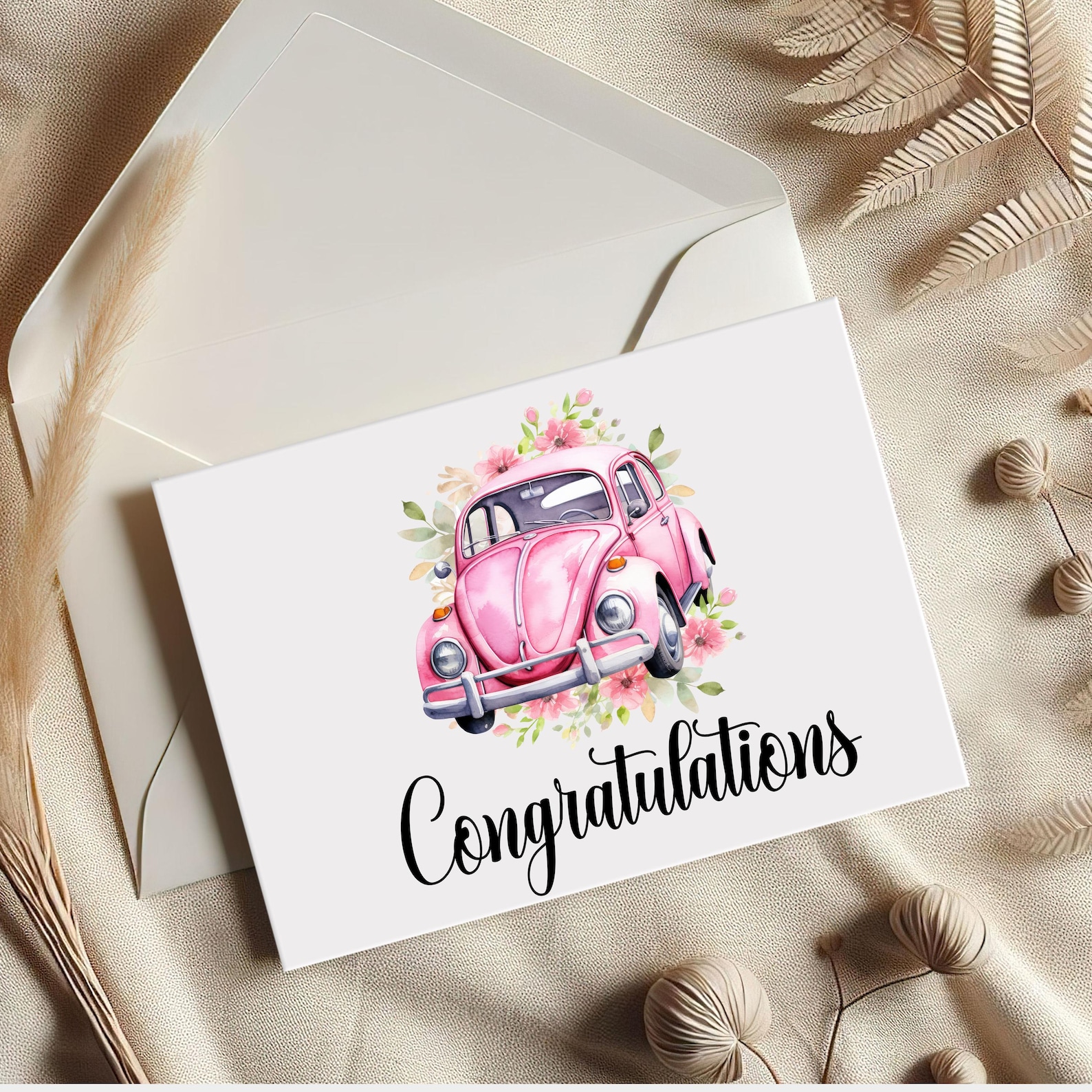 Pink Vintage Car Congratulations Card - Floral Greeting Card for ...