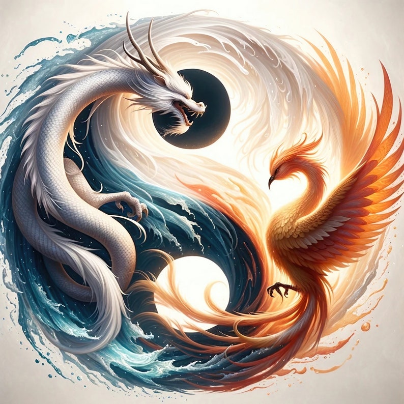 Dragon and Phoenix - Fantasy Digital Art Download, Dragon Art for Print ...