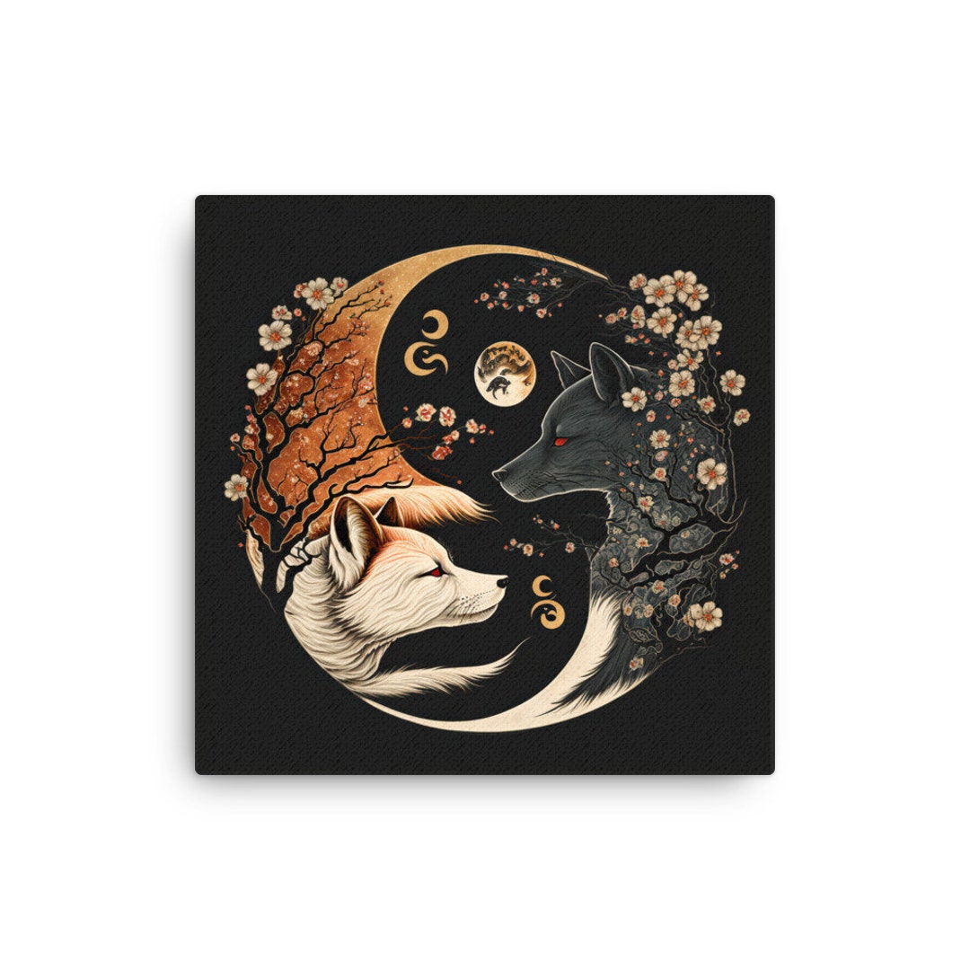 Fox And Wolf Yin And Yang Thin Canvas Canvas Yin Yang Wall Art Ai Art Digital Art Canvas Fantasy