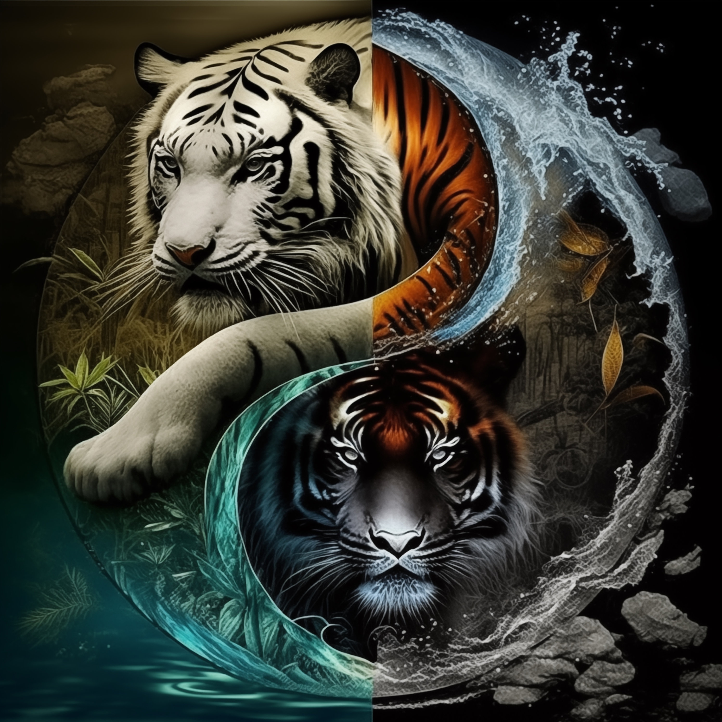 River Tigers Yin and Yang - Yin and Yang Digital Art Download, Fantasy ...