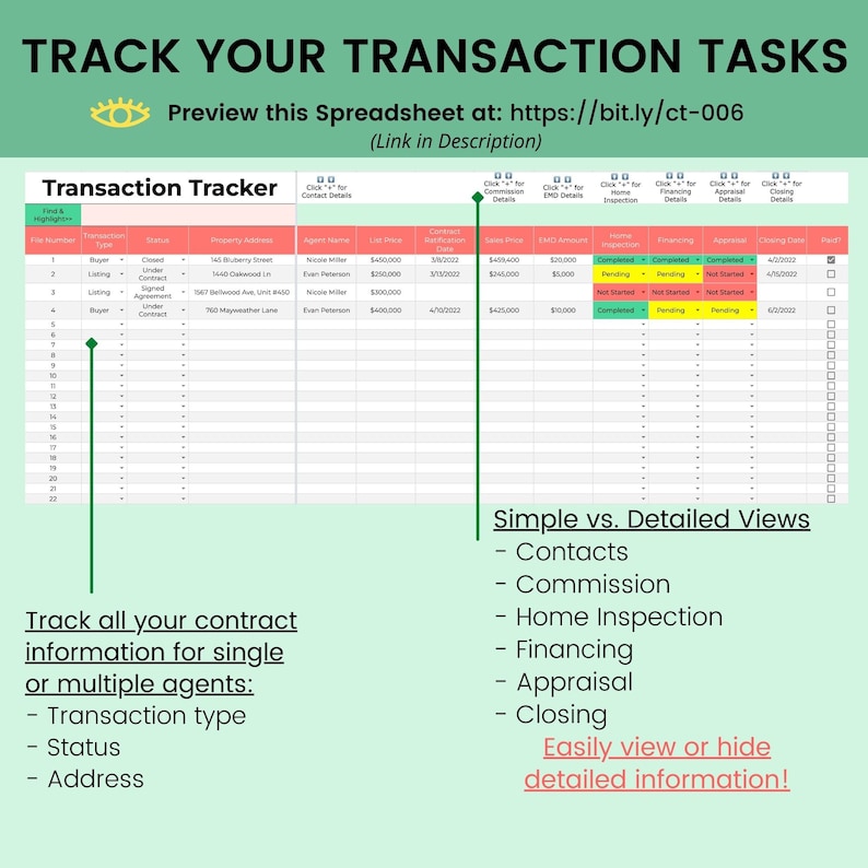 Transaction Coordinator Contract Tracker | Transaction Management | Real Estate Agent Client ...