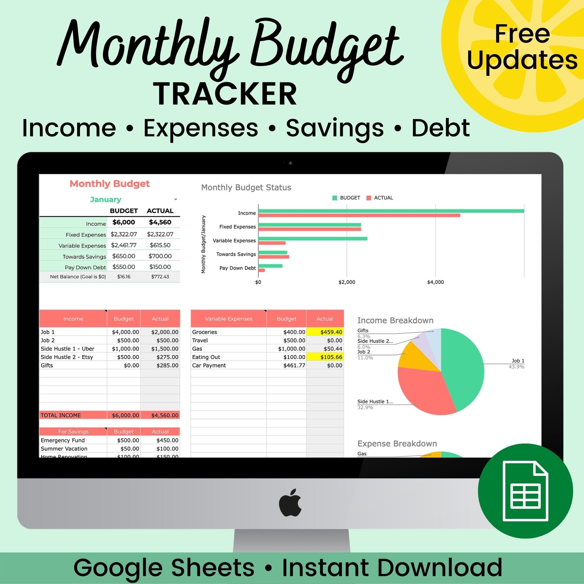 Monthly Budget Spreadsheet Tracker Income and Expense Tracker Pay off ...