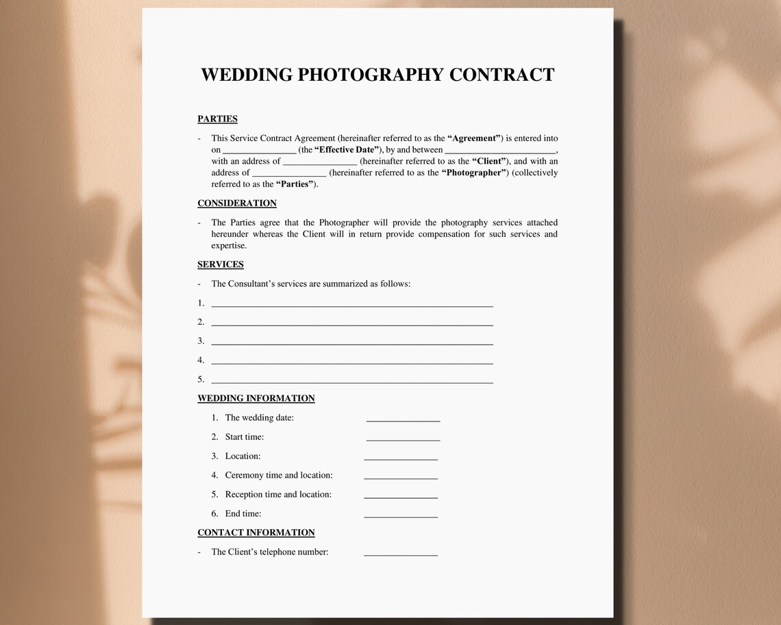 Wedding Photography Contract Template, Photography Business Form ...